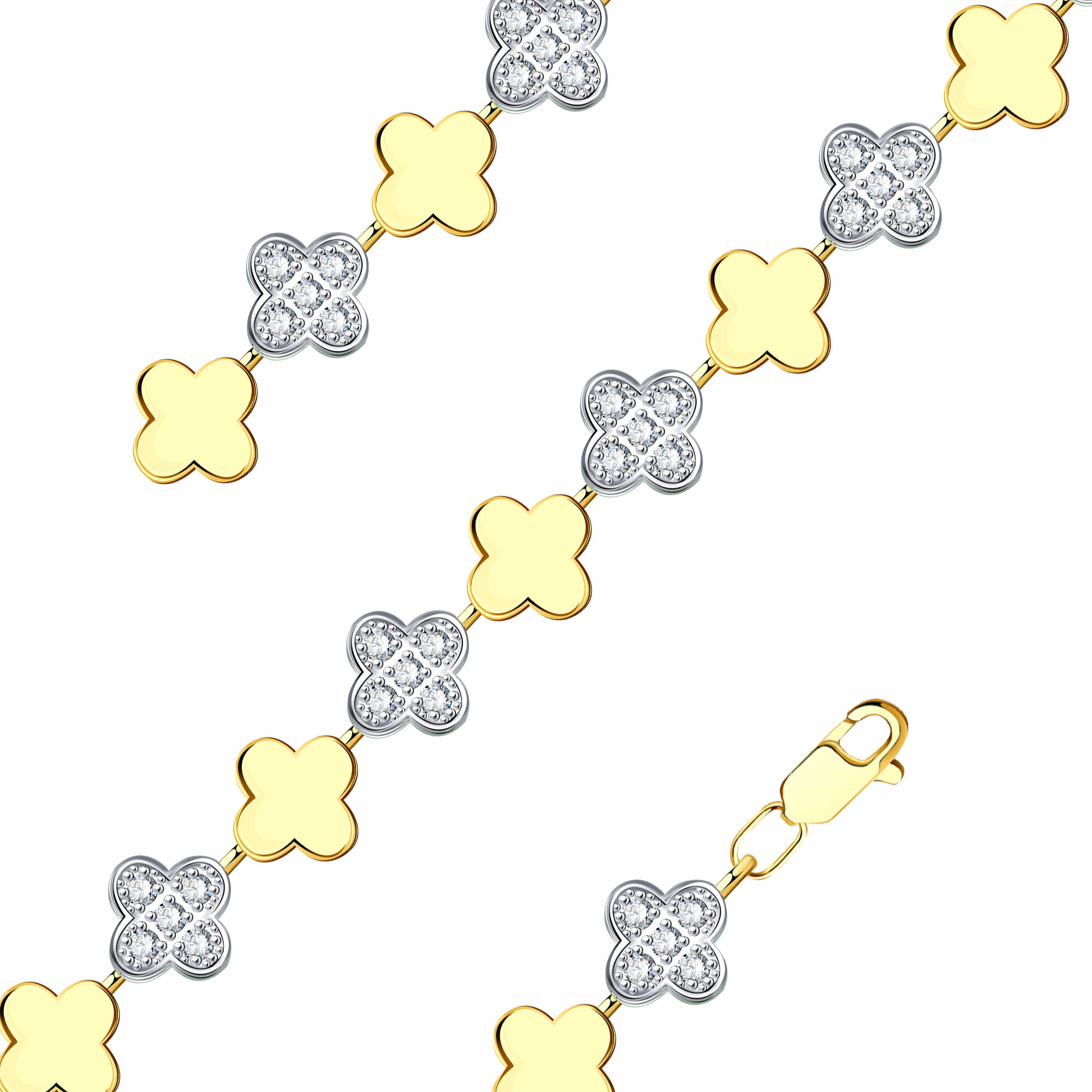 Браслет, желтое золото, 585 проба, фианит