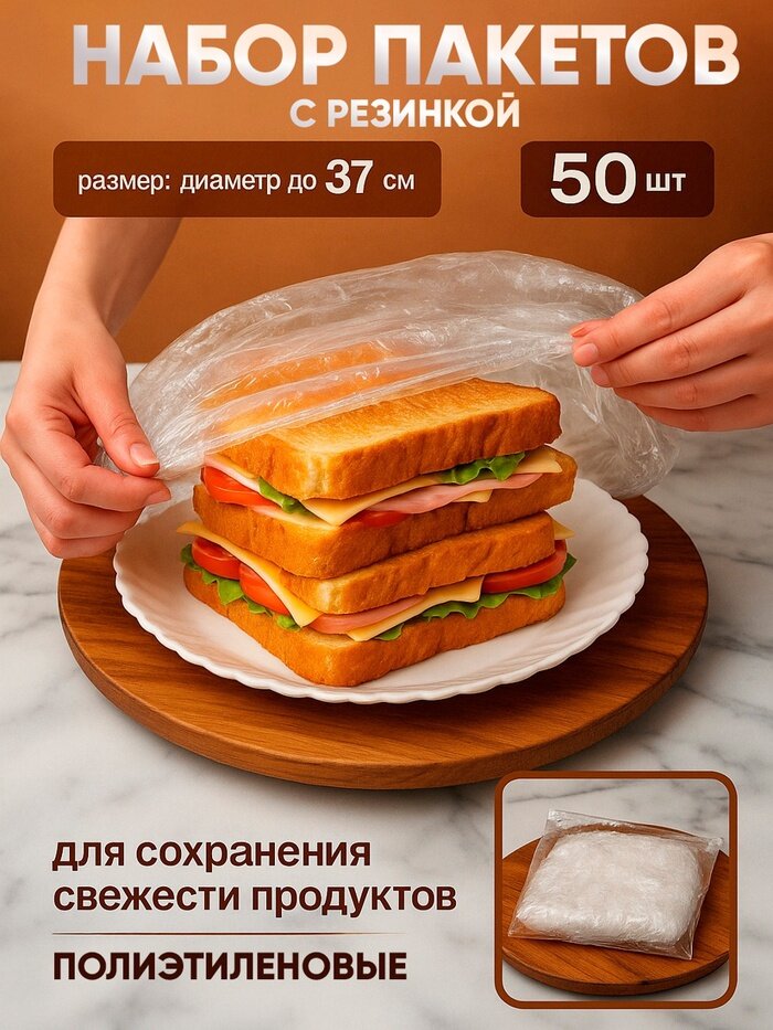Набор пакетов для сохранения свежести продуктов с резинкой, Ø до 37 см, 50 шт.