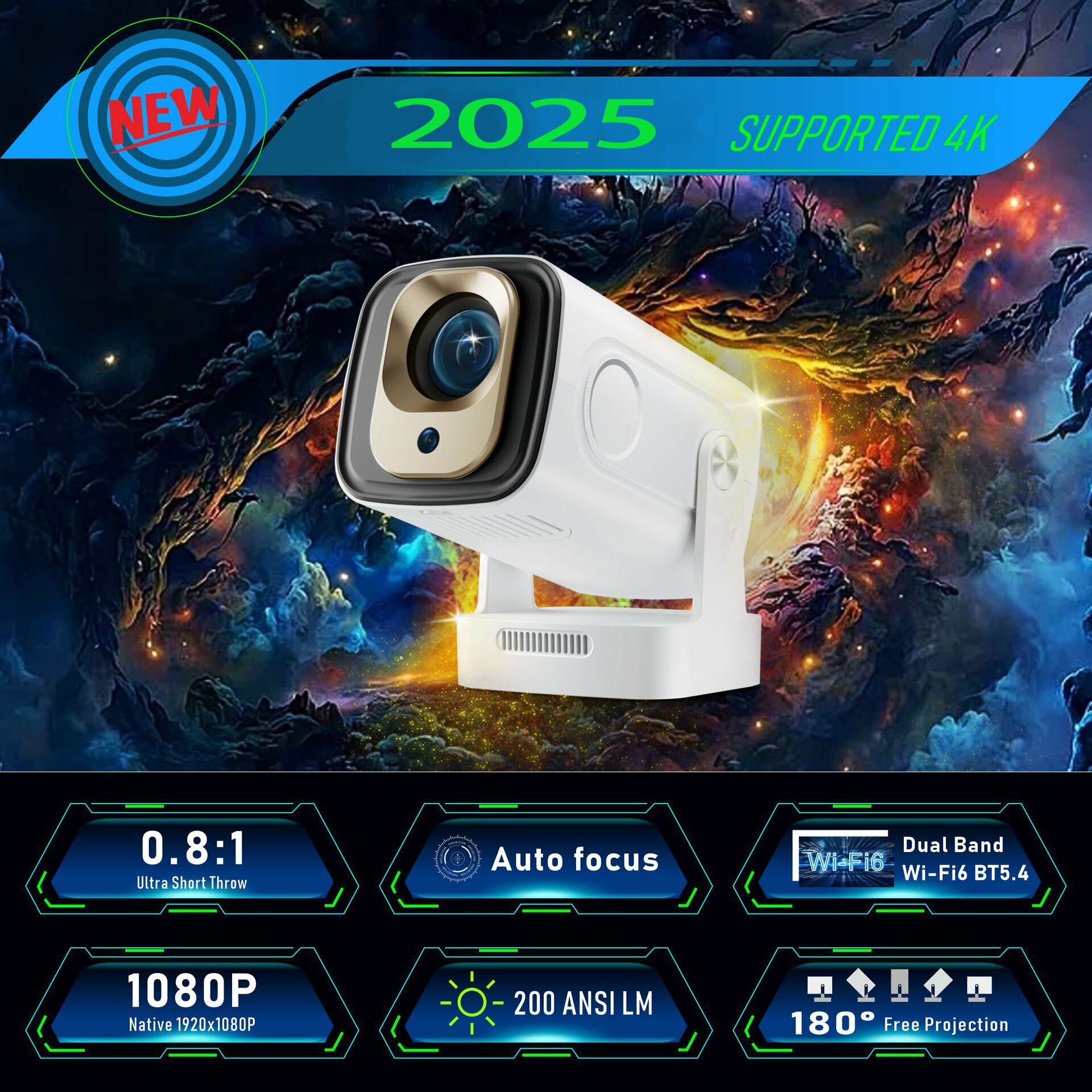 Встроенный проектор с разрешением 1080p, поддержка автофокуса, поддержка 4K, внешний динамик, Wi-FI 6/2.4G/5G HDMI