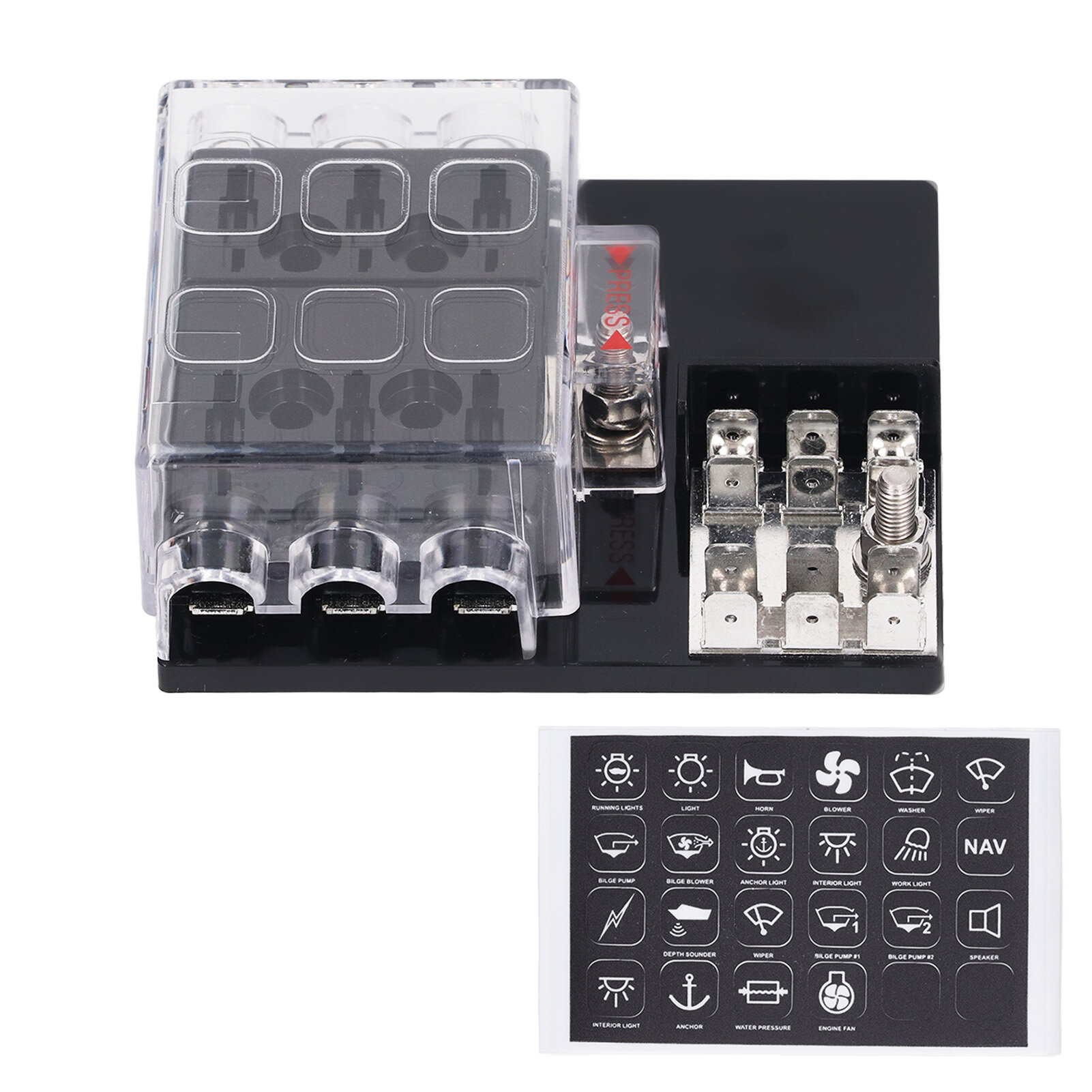 Блок предохранителей с плоским цоколем, 6-позиционный, ATC ATO, водонепроницаемый, с отрицательной шиной, 12–36 В постоянного тока, для легковых автомобилей, автодомов, прицепов, грузовиков и фургонов.