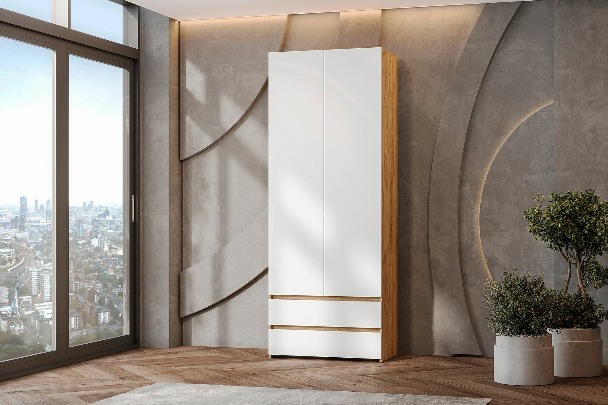 Шкаф распашной 2-х дверный с ящиками Нексия, дуб золотой/белый, 80.1х46х210 см