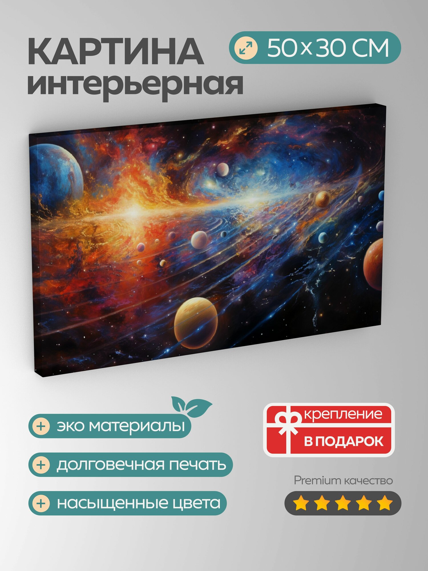 Картина на холсте интерьерная 50х30 см, картина маслом, космические сферы, небесный оркестр, планеты, звезды, галактики