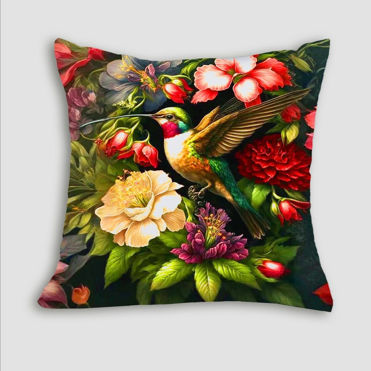 Чехол для подушки Колибри в цветах 40х40 велюр