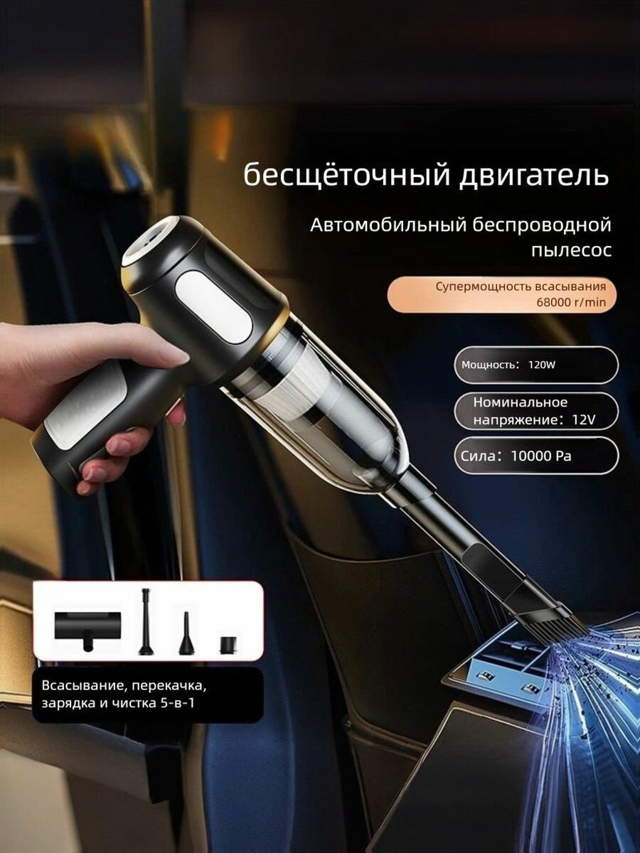 Пылесос для автомобиля беспроводной мощный ручной 2-в-1 (всасывание + продув) 12V/120W Мощность 10000 Па, Type-C, двойной аккумулятор