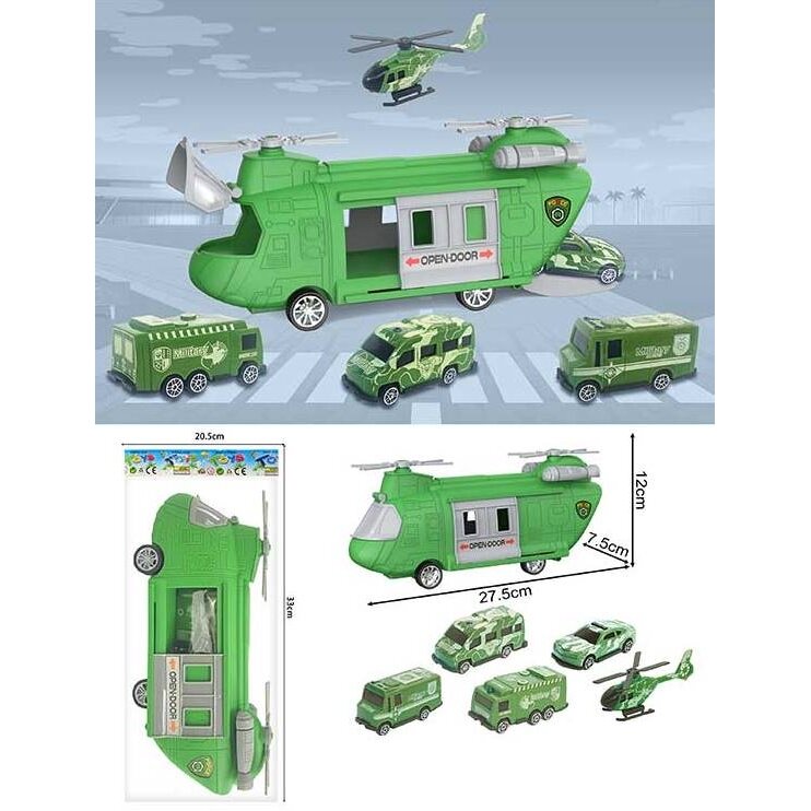 Самолет КНР Force зеленый, пластиковый инерционный, с 4 машинками и вертолетом