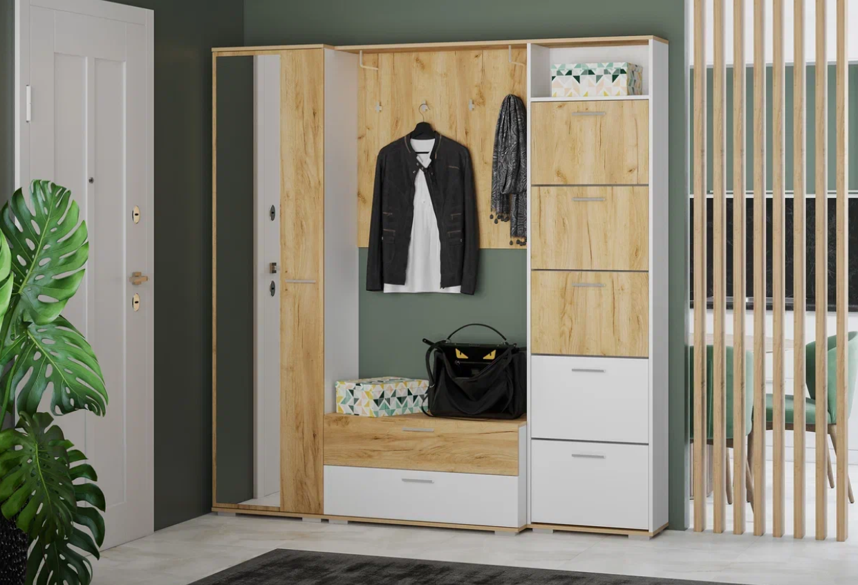 Прихожая Сильва Санти комплектация 2 (НМ 013.40+НМ 013.25+НМ 014.16-01+НМ 013.26) Белый фасадный, дуб крафт золотой