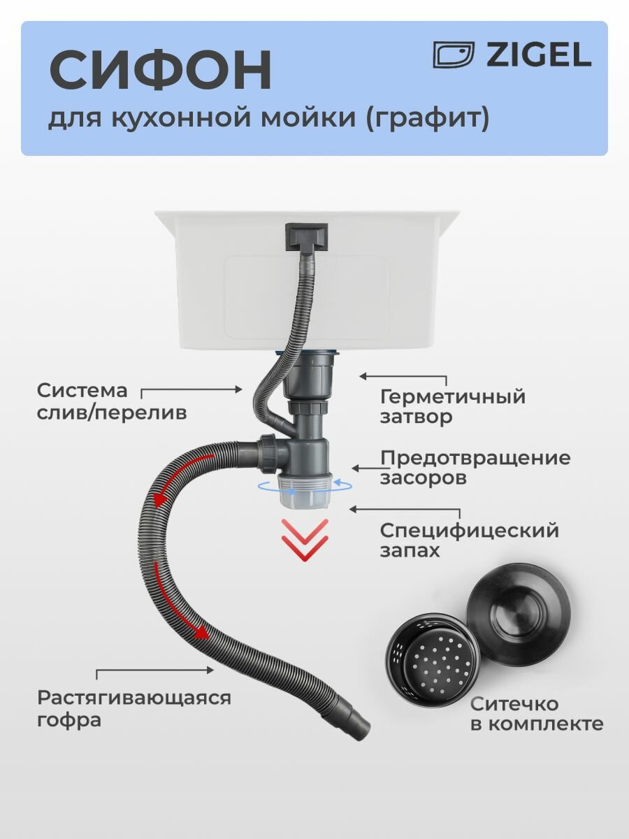 Сифон ZIGEL сливной для кухонной мойки 110/90 мм, Графит
