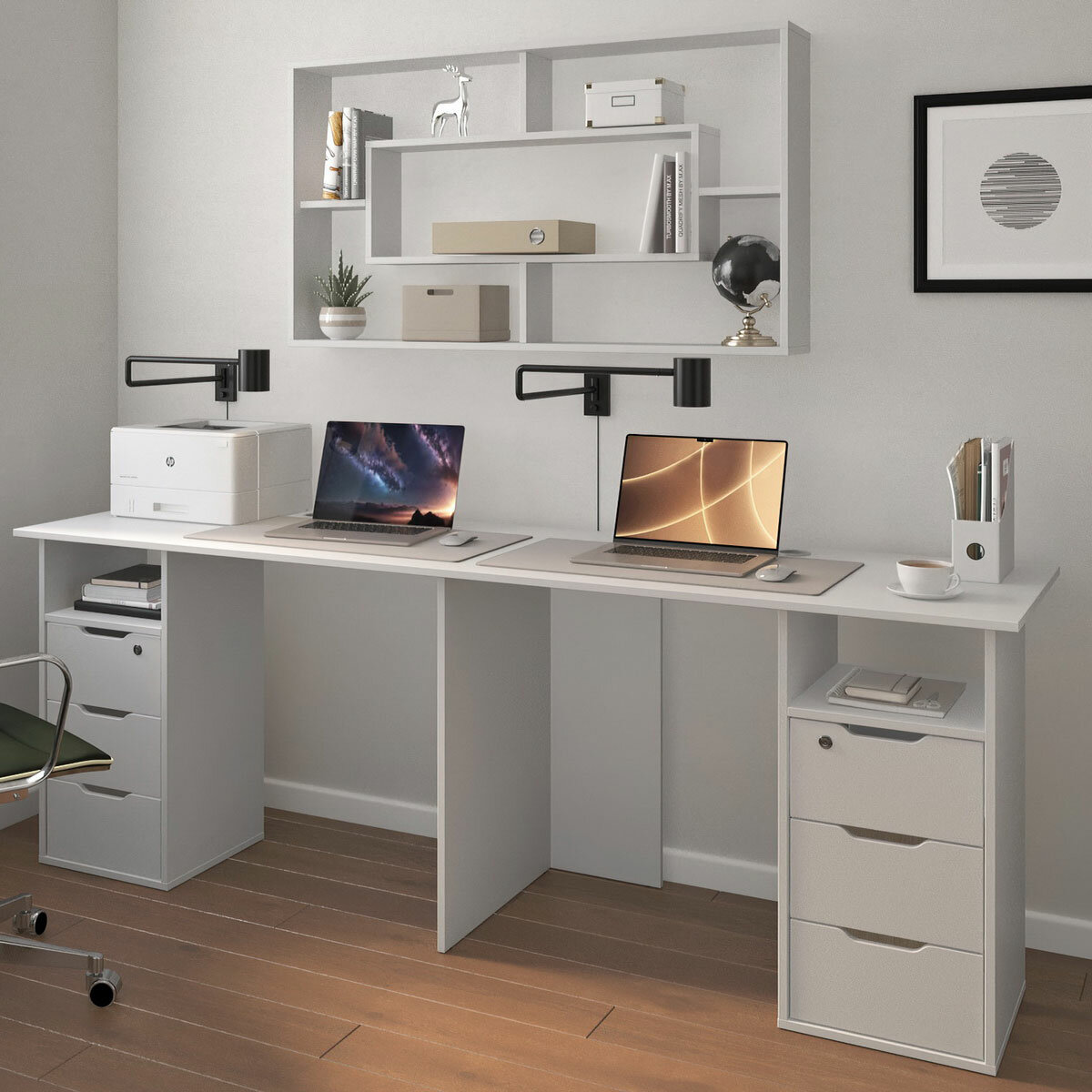 Письменный стол для двоих МагМебель Б-83.87 с настенной полкой (комплект) белый