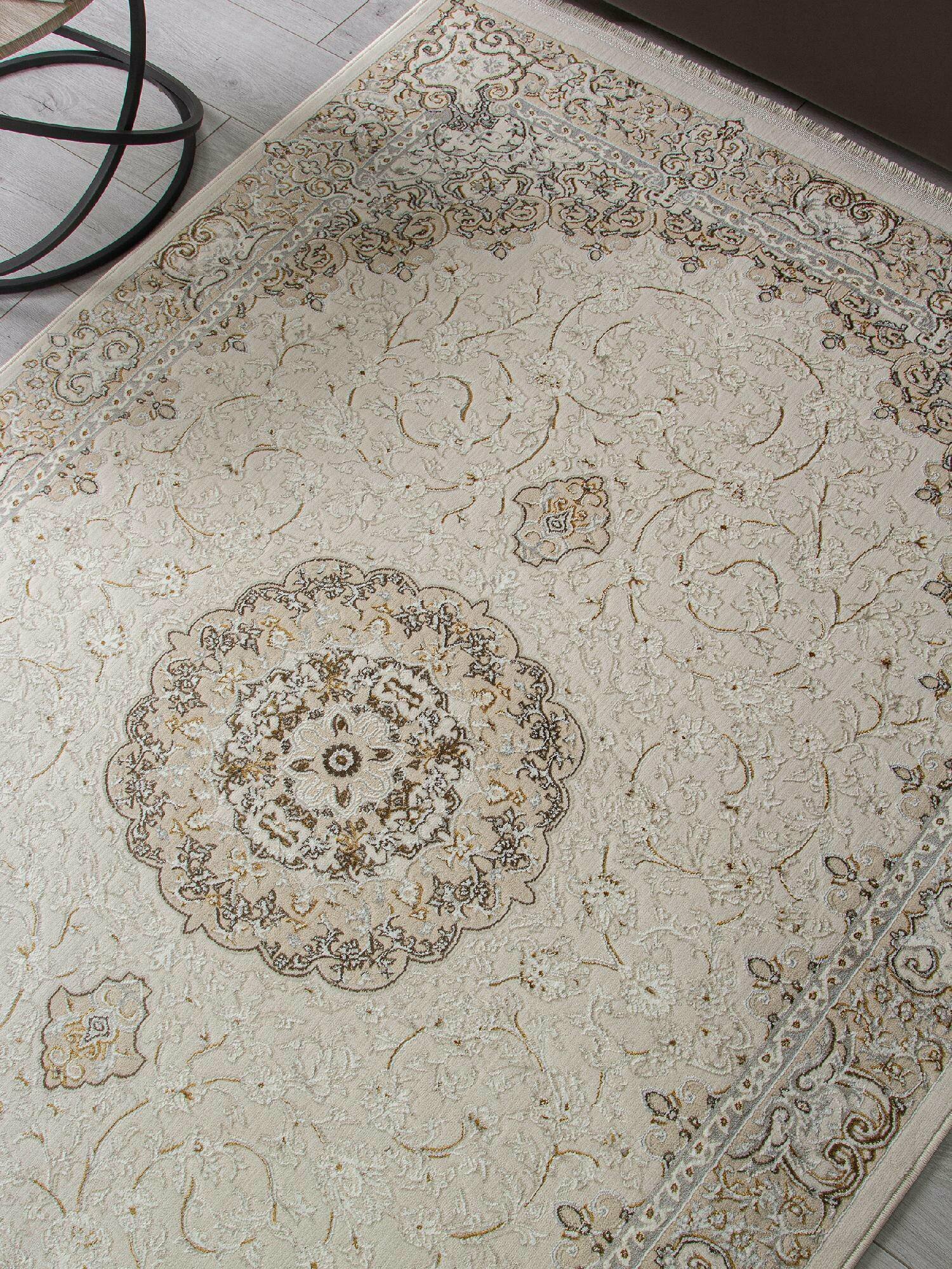 Ковер на пол в гостиную в спальню 80х150 см бежевый классический ворс 8 мм с бахромой 344467 KoverVDom