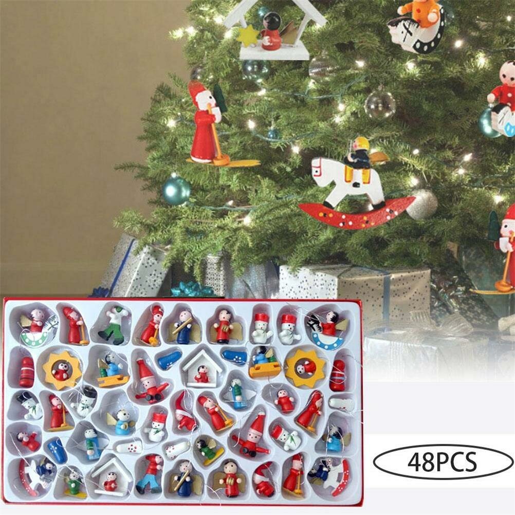 48pcs Christmas Tree Hanging Ornament Wooden Handmade Figures Decorations Set