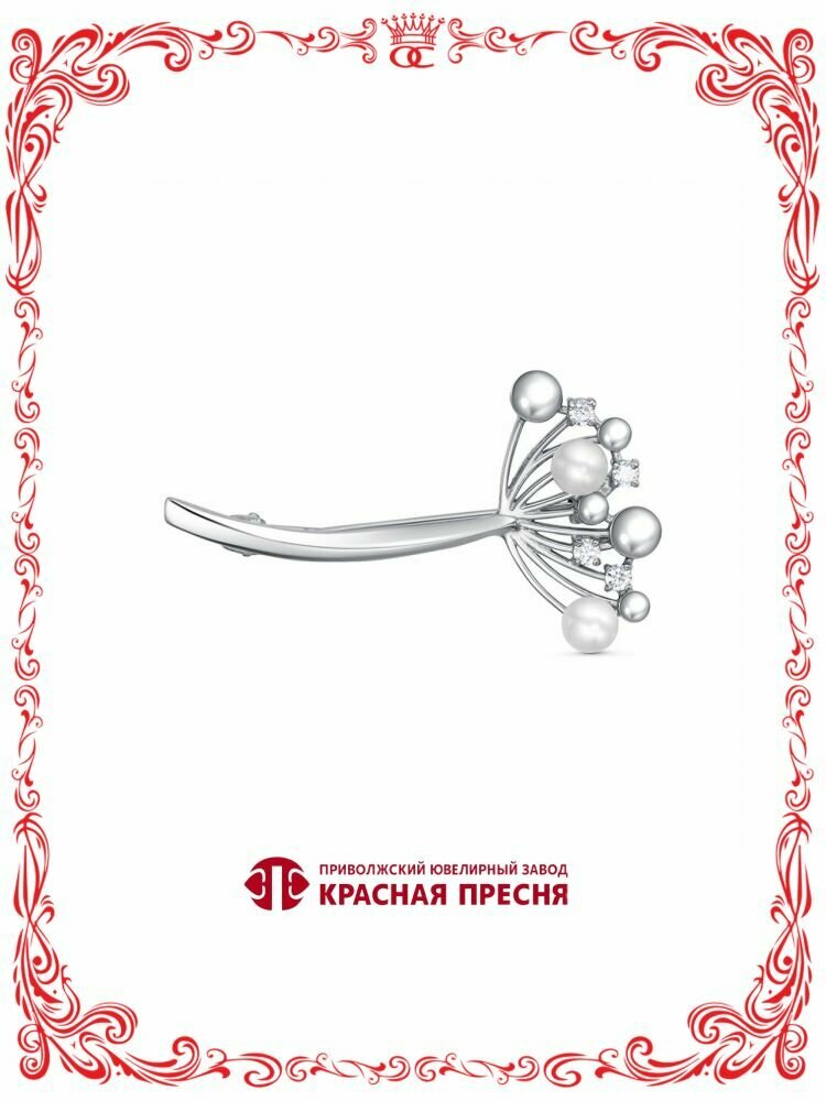 Брошь, серебро, 925 проба, платинирование, жемчуг культивированный, фианит