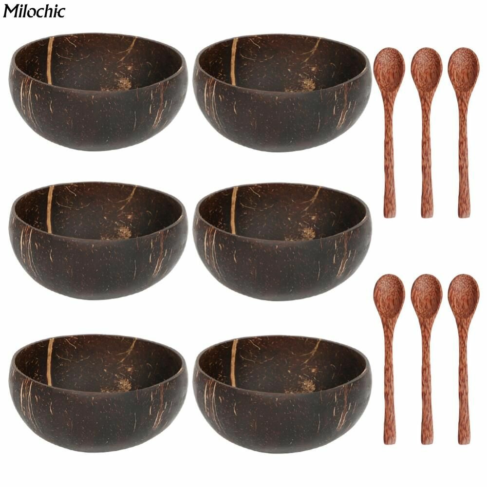 Набор экологичных деревянных чаш из кокоса для хранения и сервировки на 6 персон с ложкой натуральные миски для смузи, салатов и десертов