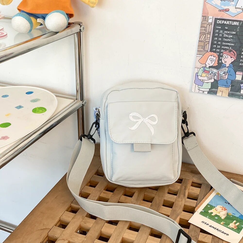 Модная сумка для мобильного телефона Женщины Bow Nylon Messenger Сумка для всех матч маленькая сумка с поперечным телом регулируемая сумочка для ремня вертикальная сумочка, grey, SKU03040