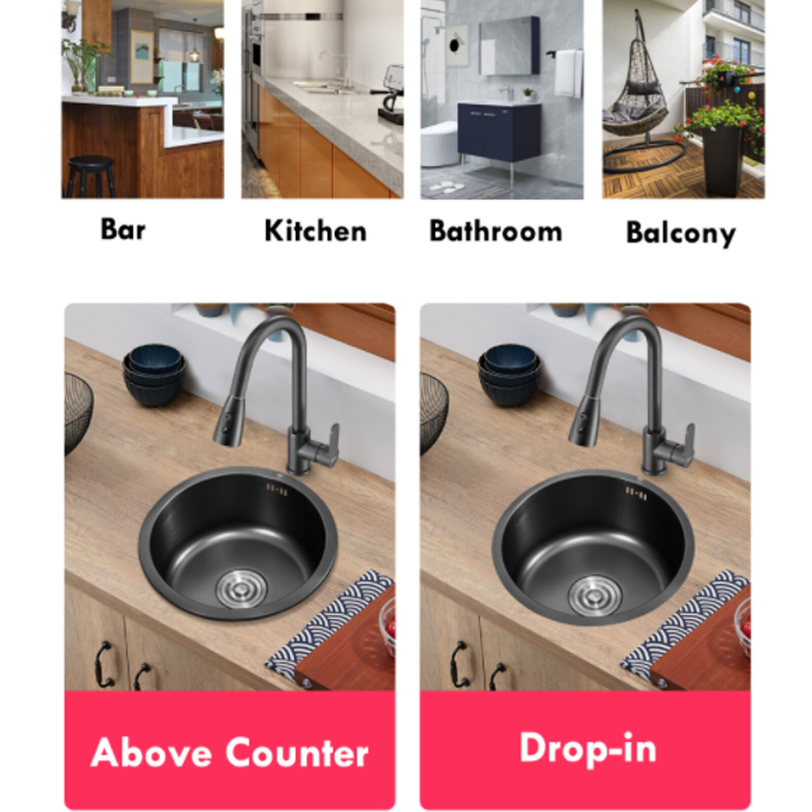 Мини-круглая кухонная мойка с барной стойкой, раковина из нержавеющей стали, одна чаша со сливом, аксессуары для дома, черный