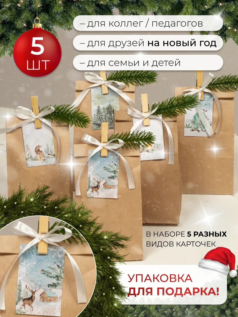 Подарочные пакеты крафтовые с бирками на Новый год набор 5 шт.