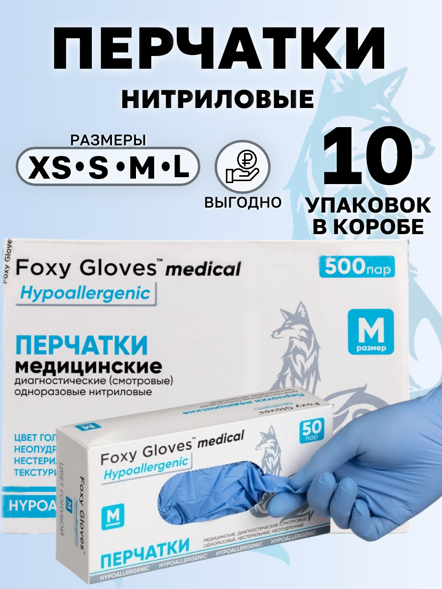 Перчатки Foxy Gloves нитриловые, одноразовые, голубые, в коробе 500 пар 1000 шт, размер M