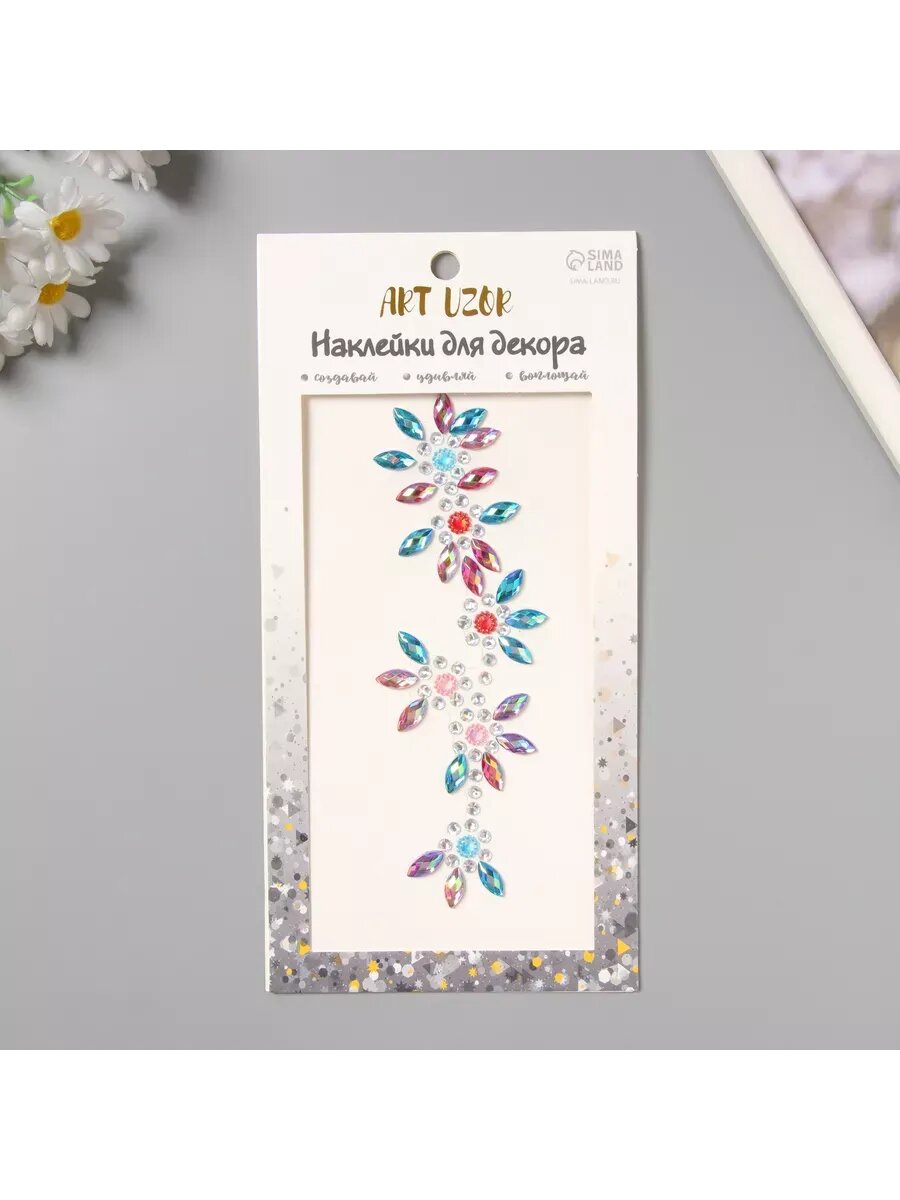 Наклейка пластик стразы на волосы "Цветы" перламутр 25х13 см