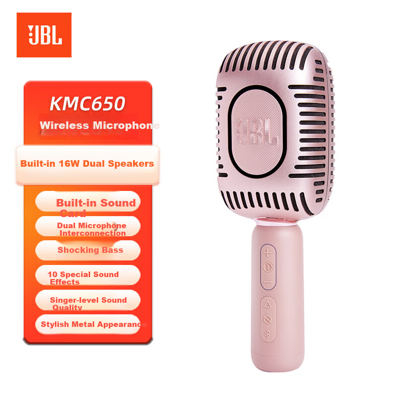 JBL Music Maestro KMC650 Wireless Microphone Bluetooth Speaker Integrated Microphone for All People/K Song Camping Children's K Song Treasure Family KTV Rose Gold