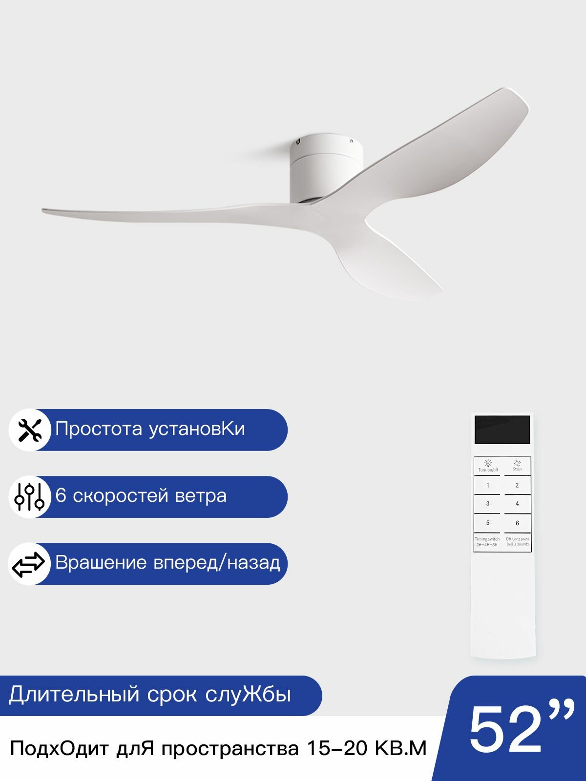 Вентилятор потолочный, 52', 3 лопасти, пульт ДУ, уровень шума 32 дБ, мощность 35 Вт
