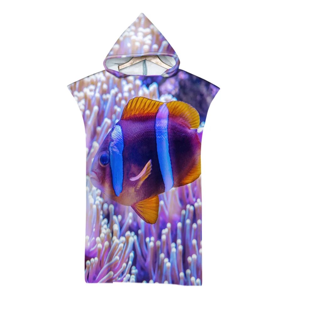 Быстросохнущее пляжное полотенце из микрофибры с подводным узором, накидка с капюшоном для родителей и детей, банный халат-пончо для серфинга/дайвинга/плавания, Adult 75x110cm, Фиолетовый