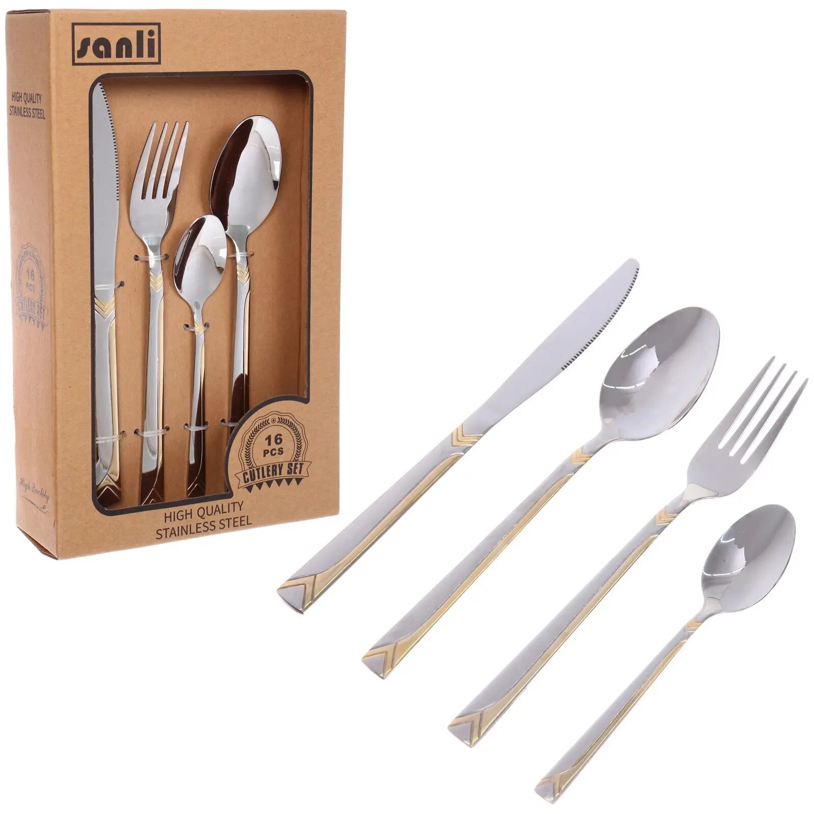 Набор столовых приборов «SANLI» 16шт, нержавеющая сталь, серебро с золотом