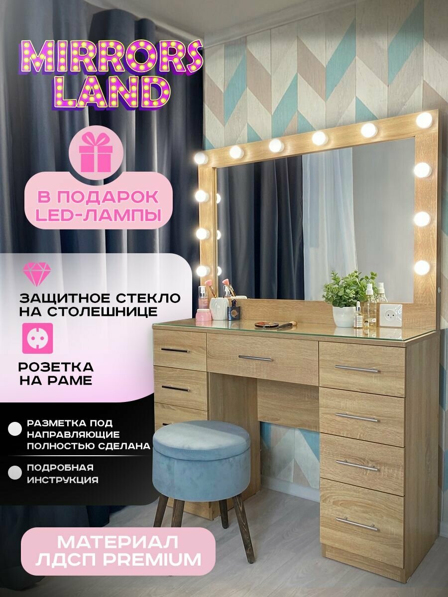 Гримерный туалетный стол с зеркалом с лампочками Дуб Сонома с защитным стеклом и розеткой на раме