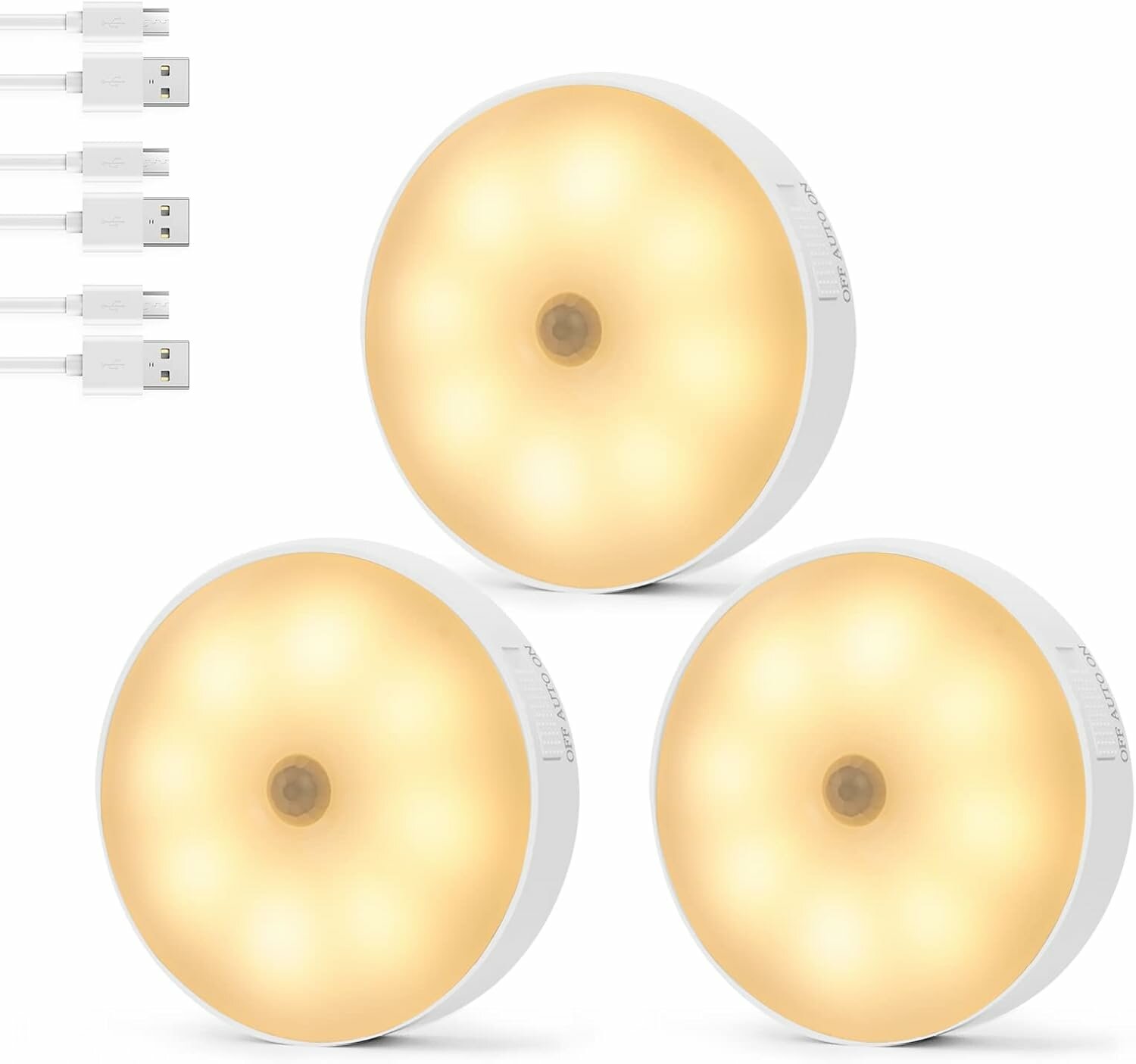 Лампы с датчиком движения для помещений, 3 светодиодных ночника, заряжаемые от USB, для шкафов, с режимами «автоматически», «вкл./выкл.», подсветка для лестниц со съемным магнитным листом, наклеиваемые светильники для шкафов, теплый белый свет, 3 шт.