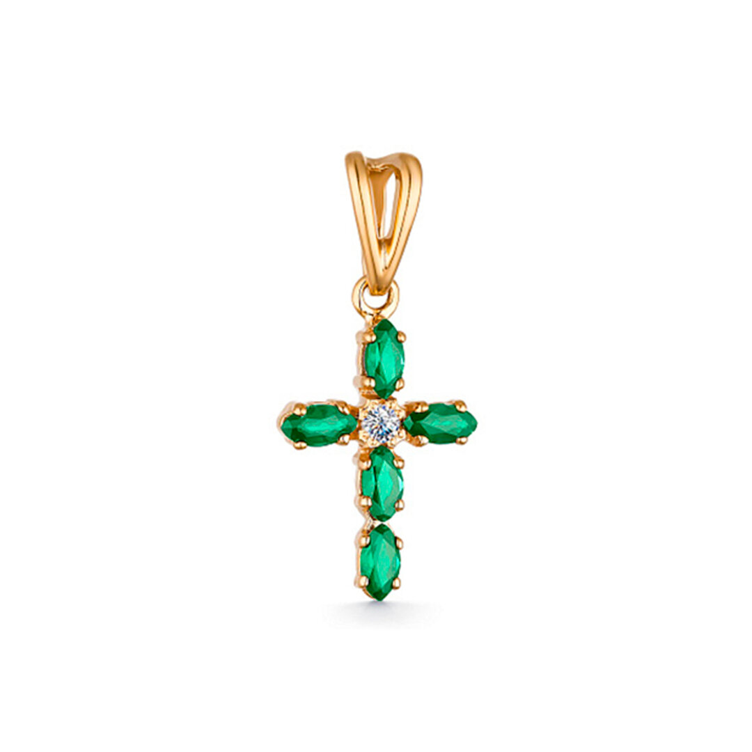 Крестик, красное золото, 585 проба, бриллиант, изумруд