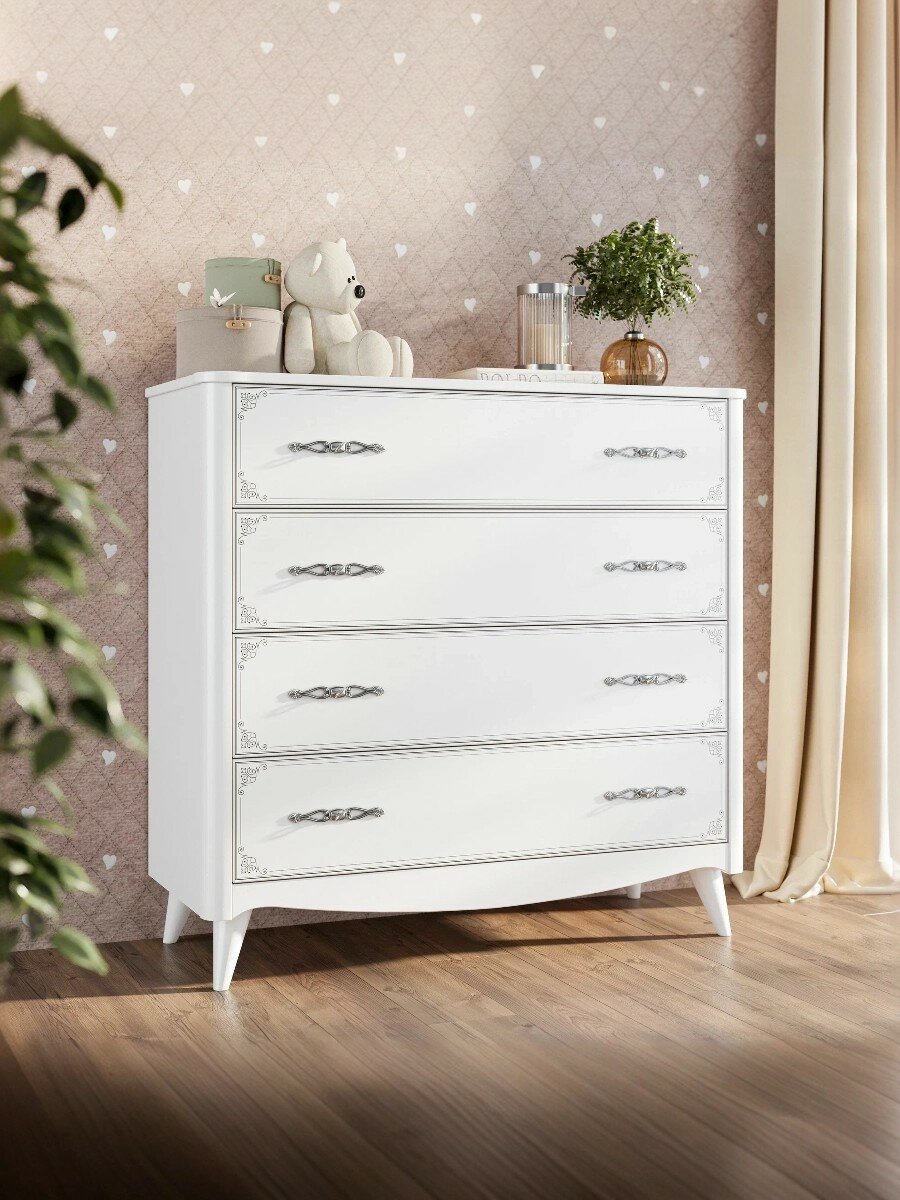 Комод для одежды деревянный Элис с 4 ящиками, 98.6х40х95.2 см, Белый, на ножках