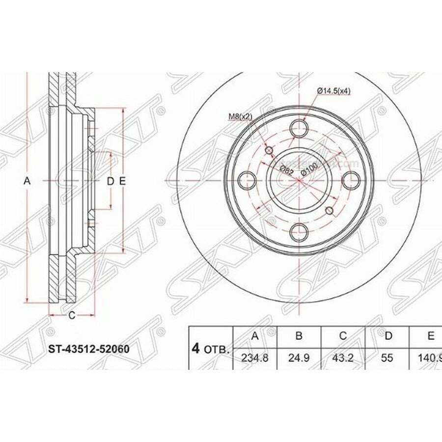 SAT ST4351252060 Диск тормозной (Перед) Toyota Probox 02-14 / Succeed 02-14