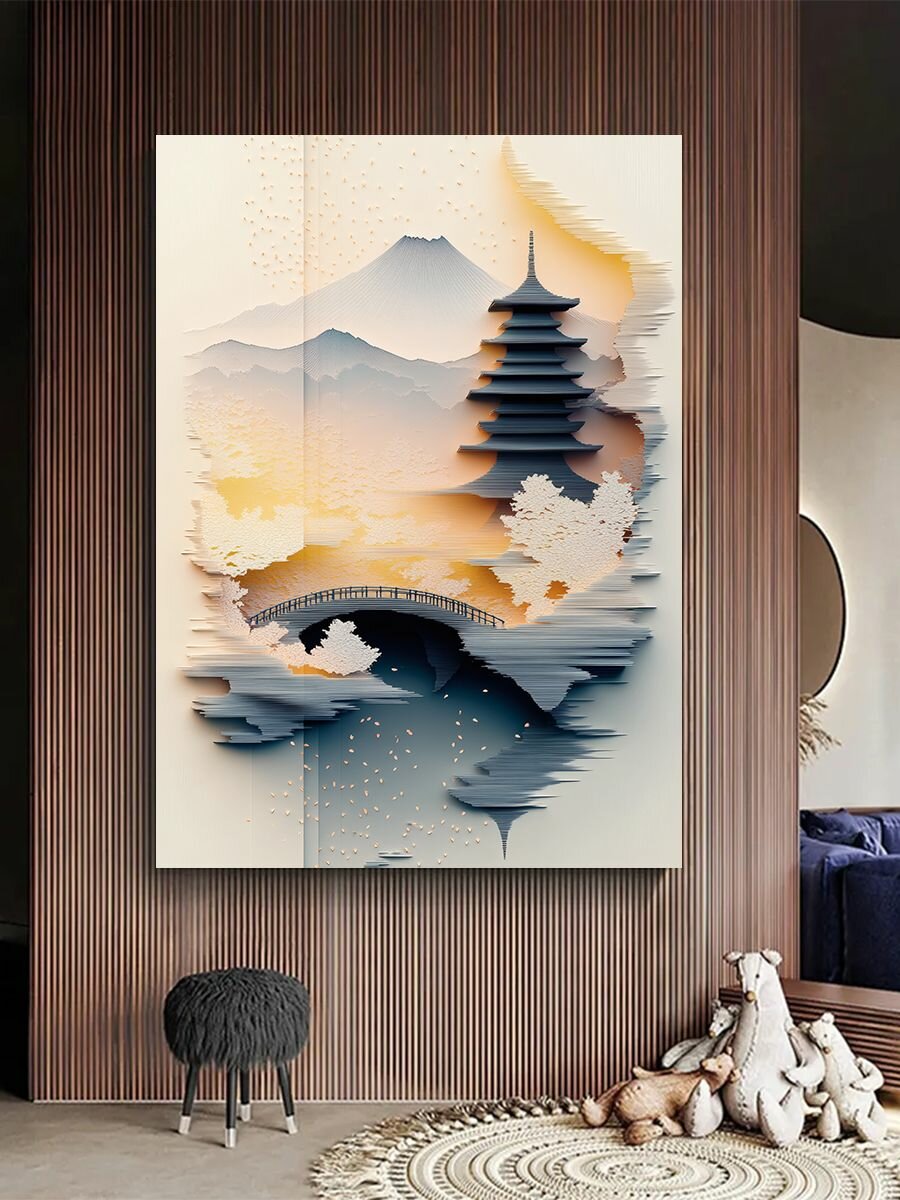 Картина на стену для интерьера - "Пейзаж в японском стиле / гора Фудзи и сакура" , 20х30 см.