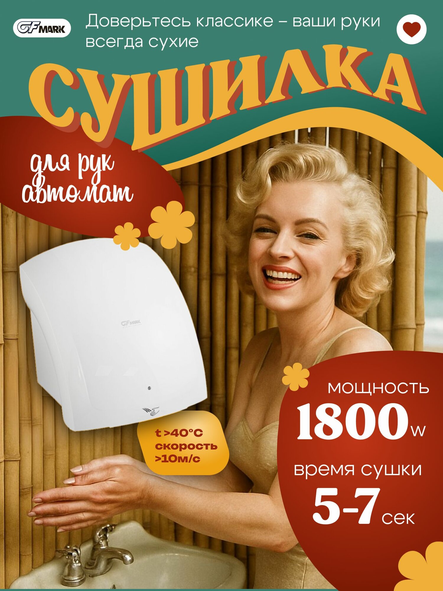 Сушилка для рук GFmark, корпус пластик АБС, с подсветкой, классика, 1800W, цвет белый