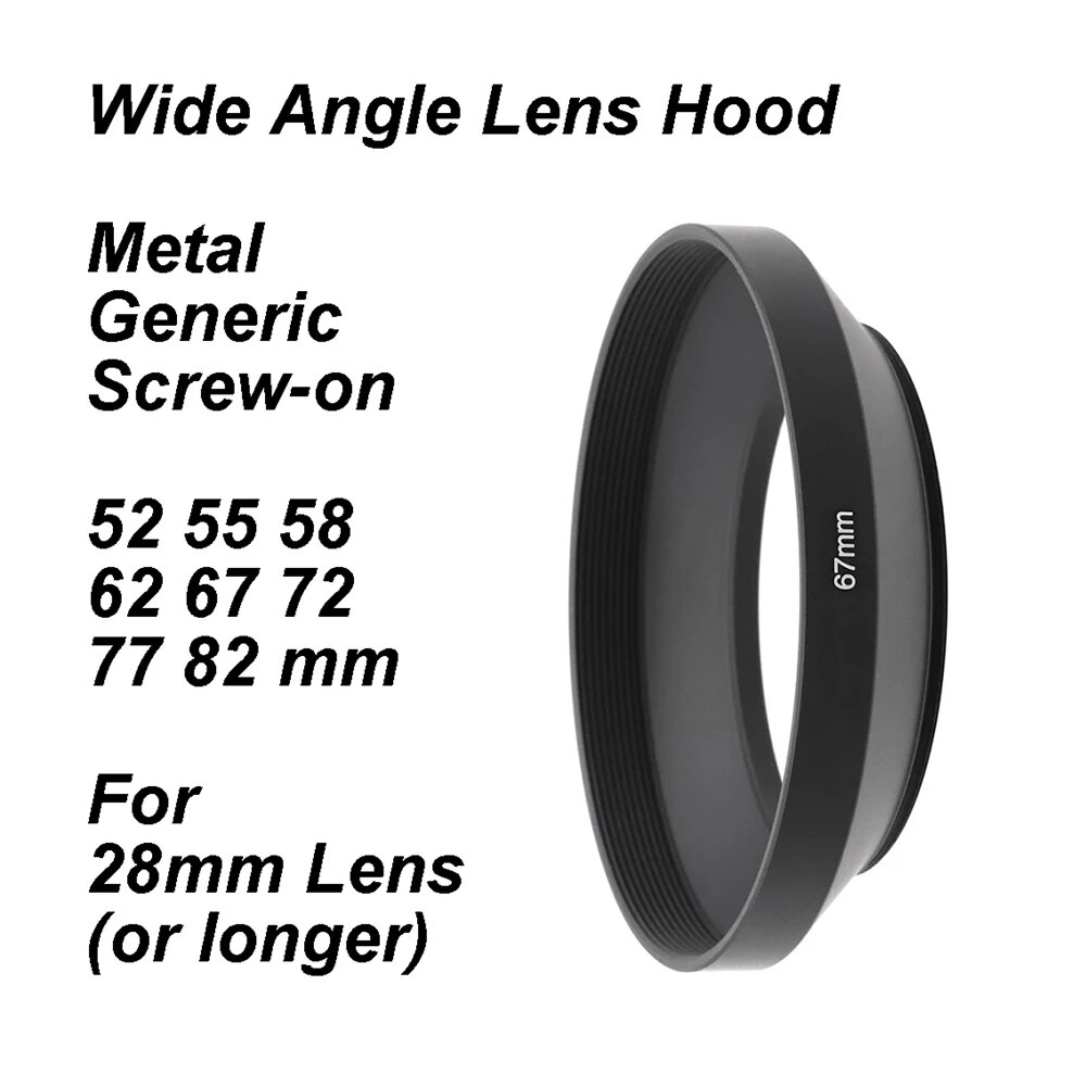 Металлическая широкоугольная бленда для объектива универсальная черная с винтовым креплением с резьбой фильтра 52 55 58 62 67 72 77 82 мм для объектива 28 мм или более длинная, 67 mm