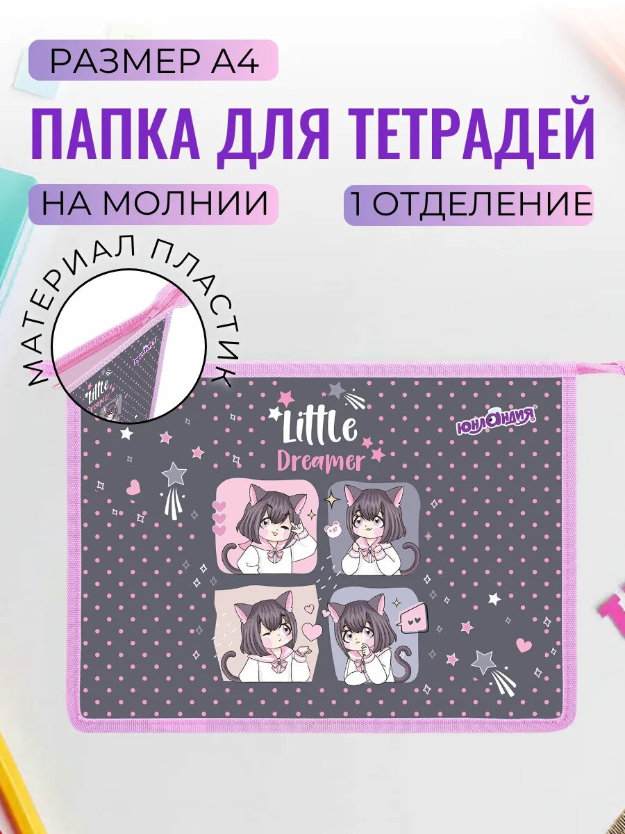 Папка для тетрадей Юнландия "Anime dreamer", формат A4, пластик, на молнии