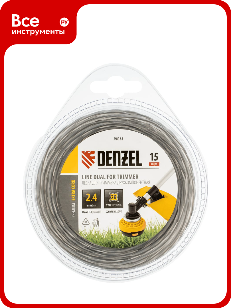 Леска двухкомпонентная для триммера квадратная витая DENZEL, армированная полиамидная, квадратный с сердечником, серый
