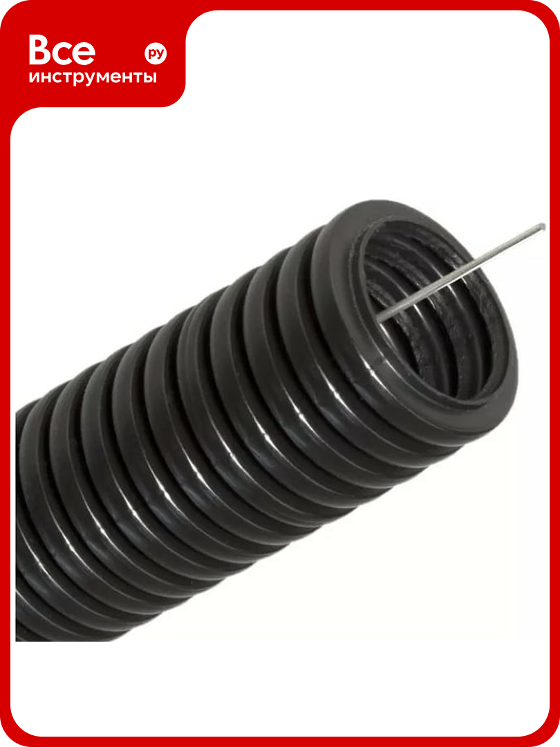 Гофрированная труба DKC DN 17 мм, 50м ПВ-2, Dвн 16,8 мм, Dнар 21,2 мм, полиамид 6, цвет чёрный, с протяжкой PA611721F2