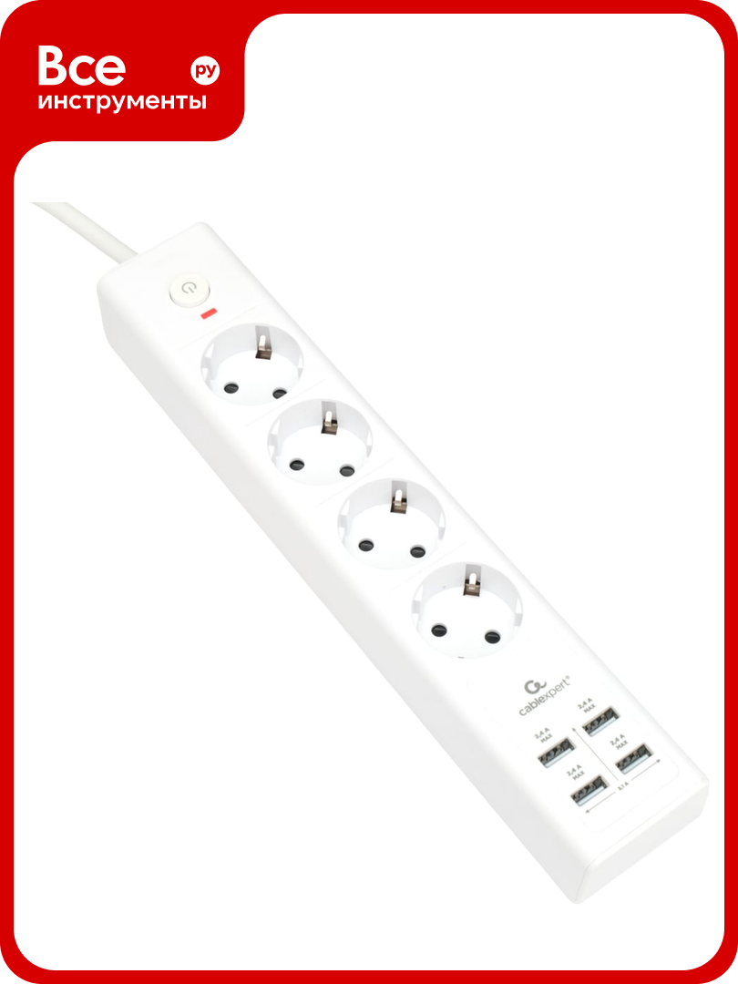 Сетевой фильтр Cablexpert exnovo, 4р, 16а, 4хusb, 3.4a, 2м, ур. защиты 4+, белый, коробка