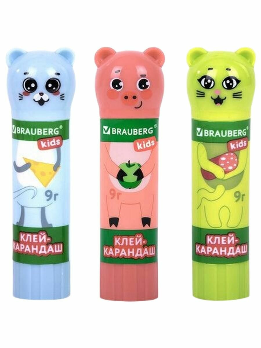 Клей-карандаш канцелярский для бумаги и картона BRAUBERG Зверята, 9 г, выгодный набор 3 штуки на блистере