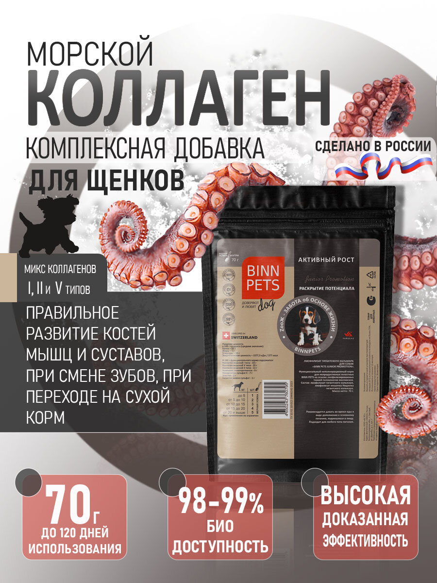 Кормовая добавка BINN PETS "Junior Promotion", для щенков, коллаген и лиофилизат для активного роста, пакет 70гр