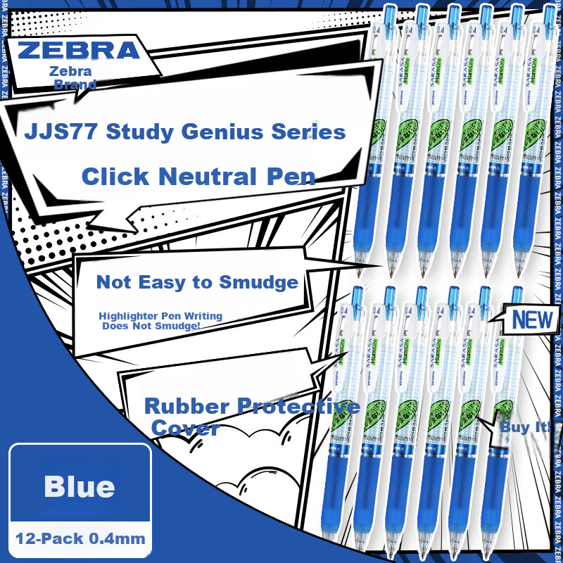ZEBRA Study Master Series Gel Pen, 0.4mm Bullet Tip, Push-Button Signing Pen, Student Exam Pen, Marking Pen, JJS77, Blue, 12-Pack