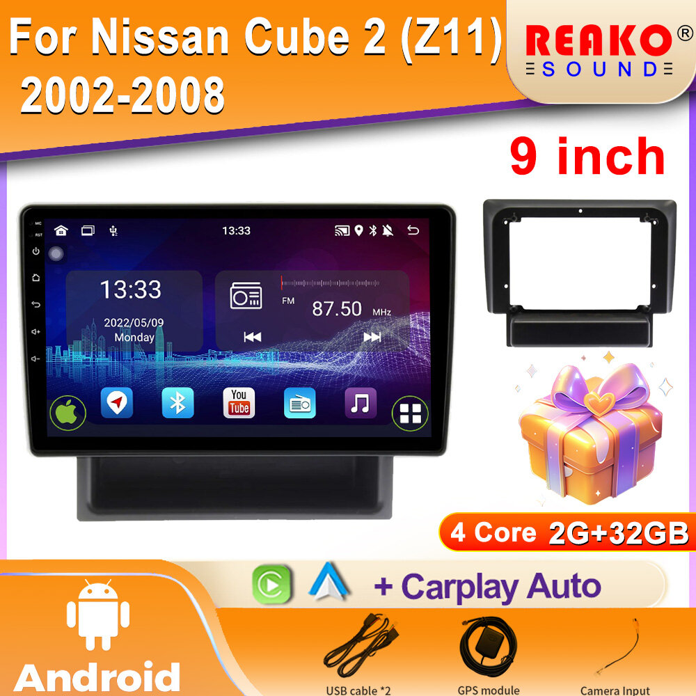 Магнитола для Nissan Cube 2 (Z11) 2002-2008, с камерой заднего вида. IPS экран 9 дюймов, Wifi 2din с сенсорным экраном, usb и блютузом.