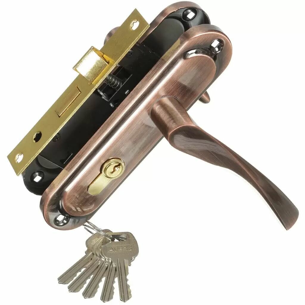 Врезной замок AVERS ручка в комплекте, цилиндр, медный