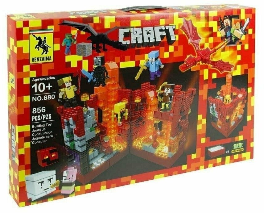 Конструктор Майнкрафт светящийся "Красная Крепость" 856 деталей. Фирмы Renzaima 680. Новинка. LED подсветка! (Полностью совместим со всеми конструкторами)