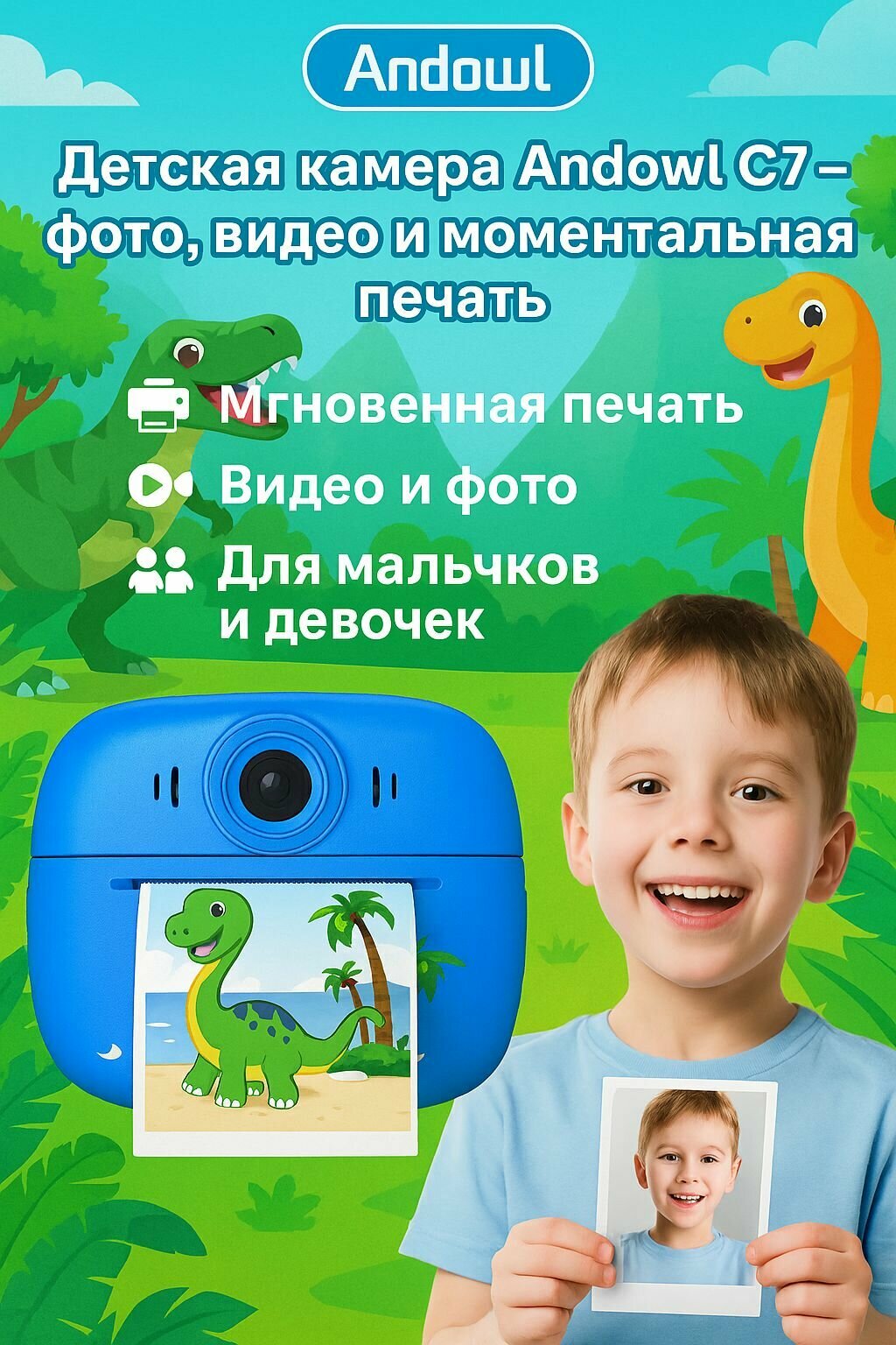 Детская цифровая камера Andowl C7 с моментальной печатью фото, HD-экран, игрушка для детей, голубая