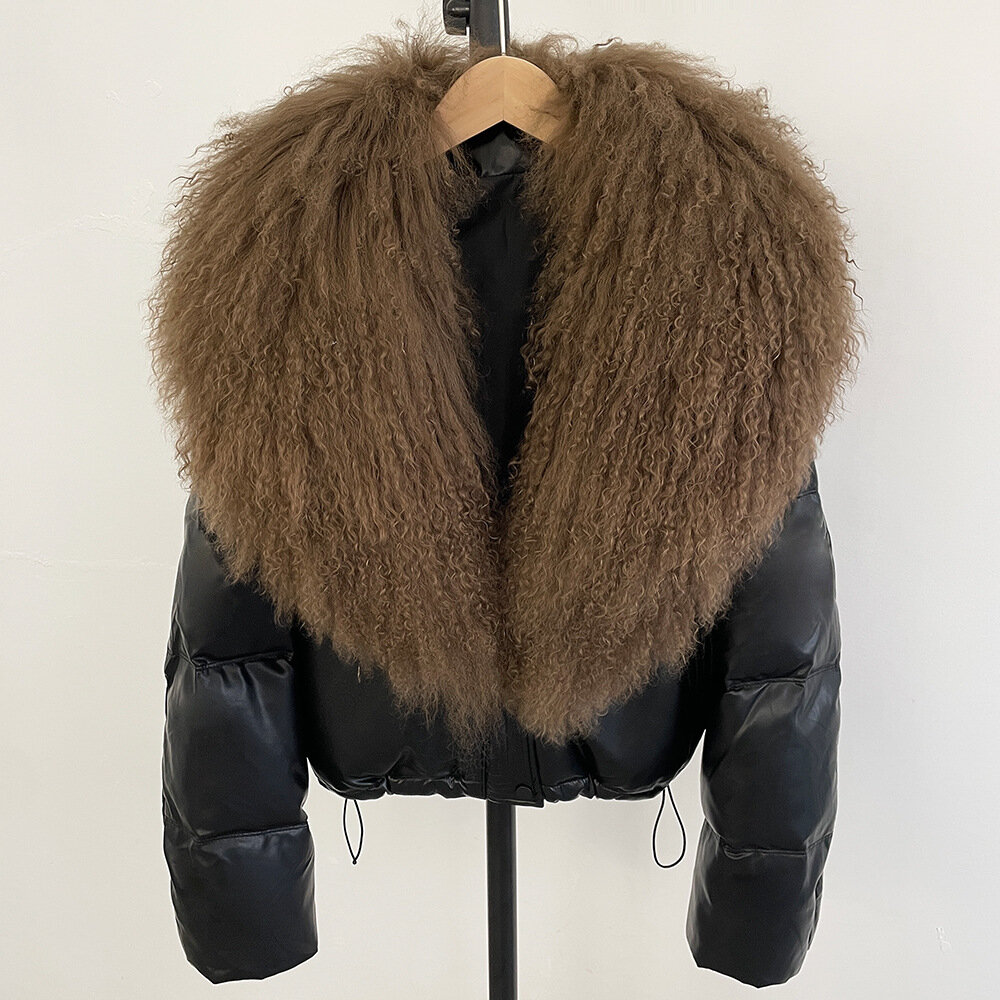 Зимняя новая стильная пляжная шерстяная куртка-пуховик с большим меховым воротником женская короткая теплая куртка-пуховик женская