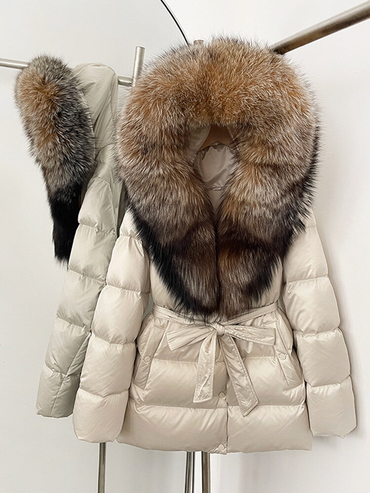 Новая осенне-зимняя куртка на гусином пуху, большой размер с натуральным мехом лисы, большой меховой воротник, утолщенная средняя длина, теплая талия для женщин.