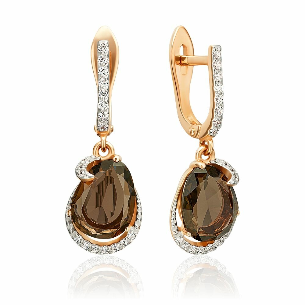 Серьги, красное золото, 585 проба, раухтопаз, фианит