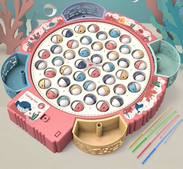 Игра детская развивающая - магнитная рыбалка музыкальная 45 рыбок, цвет - красный, вращающаяся, 4 удочки