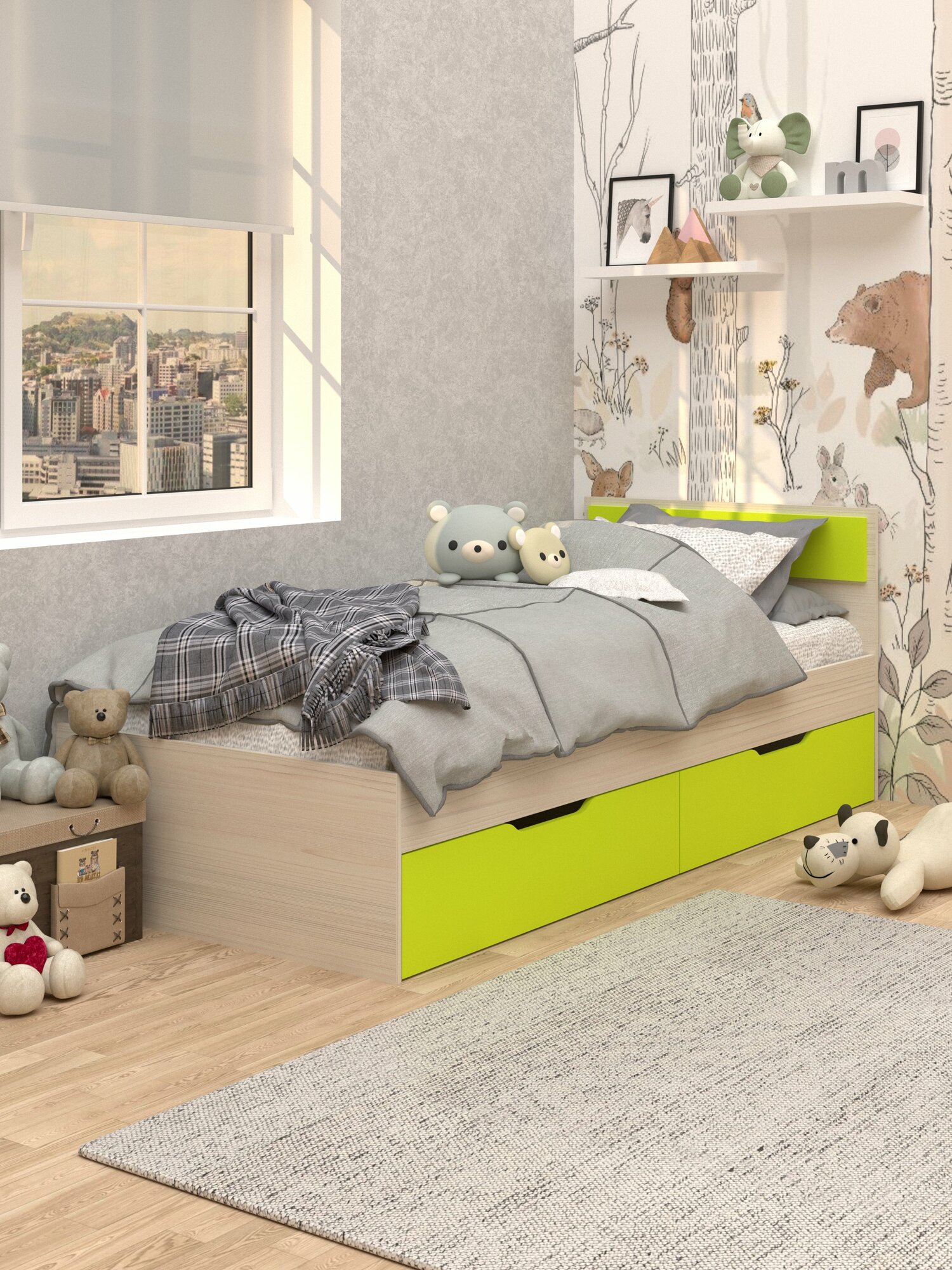 Есэндвич Монако Кровать 90х200 односпальная 203х78х93 см (Сосна астрид/Лайм) с ящиками