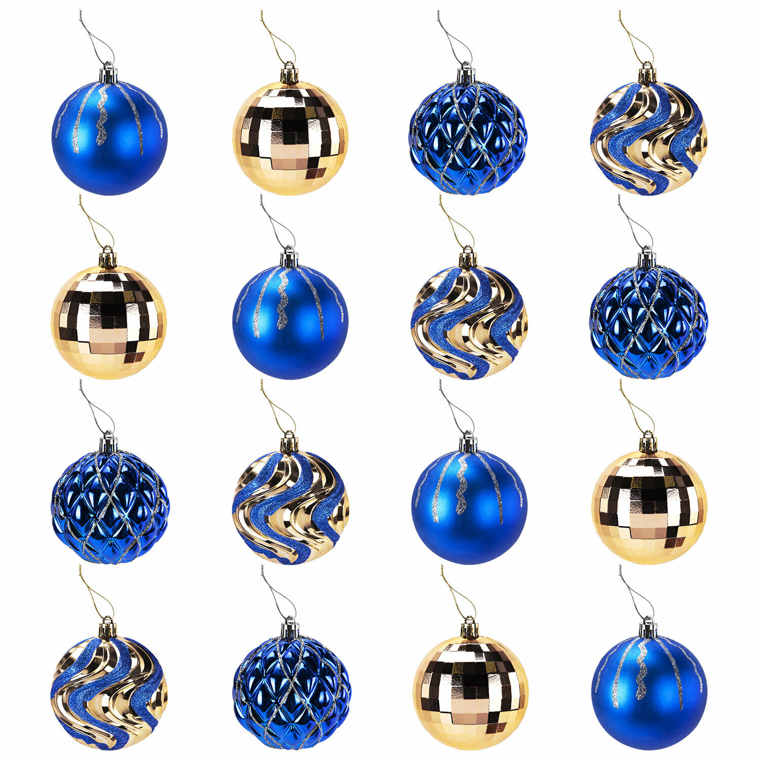 Шары елочные 16 шт, 8 см, "Blue&Gold", пластик, золото/синий, золотая сказка, 592454